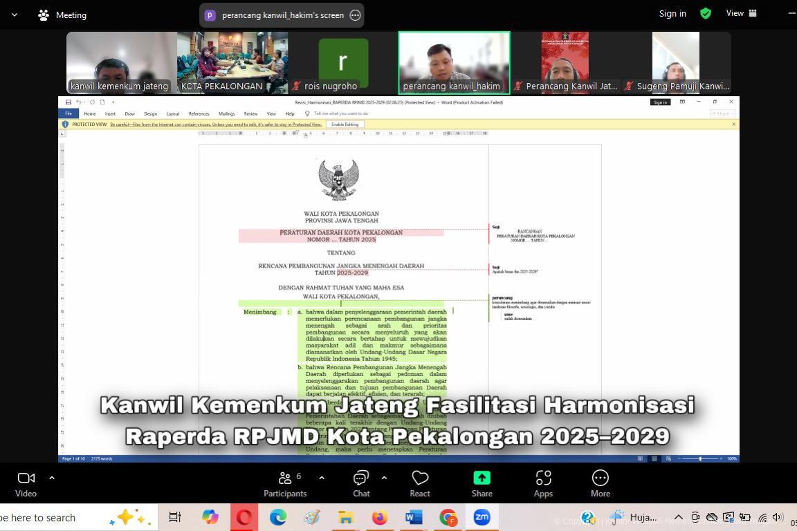 Kanwil Kemenkum Jateng Fasilitasi Harmonisasi Raperda RPJMD Kota Pekalongan 2025–2029